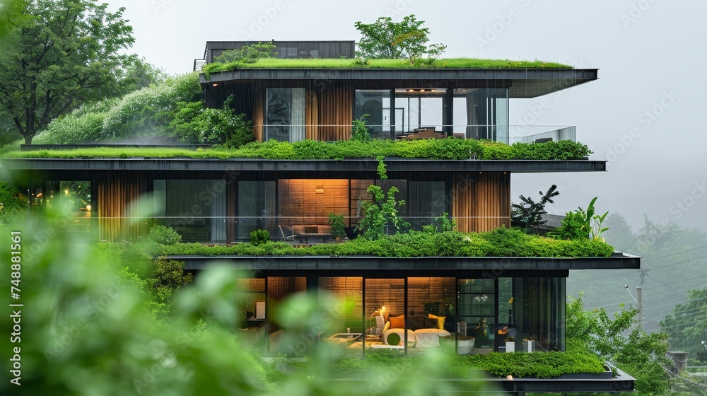 This multi-level luxury home, enveloped in rich greenery and green ...