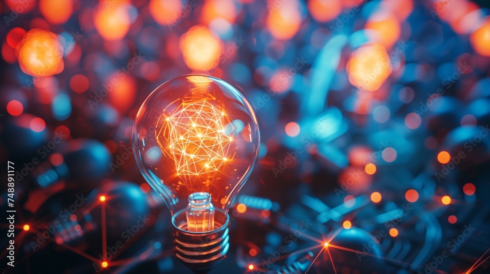 Brightly shining light bulb emitting a spectrum of colors symbolizes ...