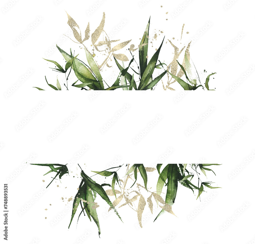 Watercolor greenery bamboo horizontal rectangular frame. Green and ...