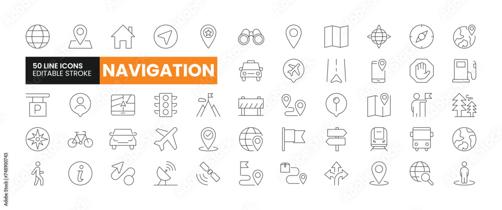 Set of 50 Navigation line icons set. Navigation outline icons with ...
