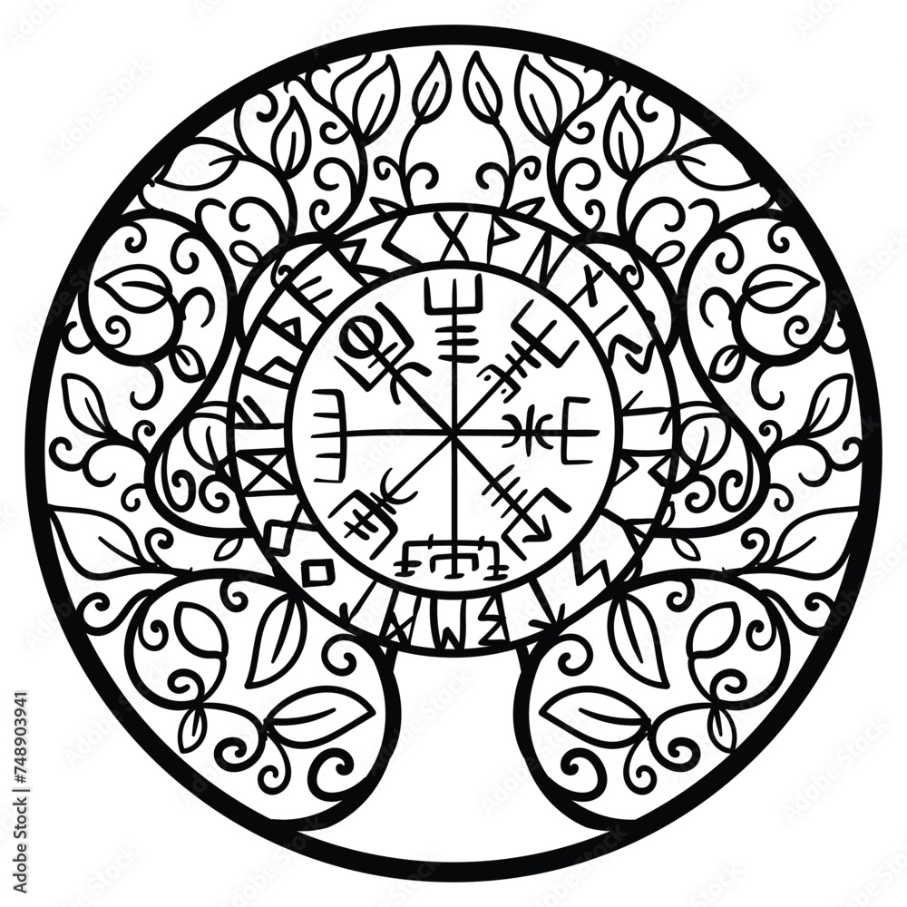 Yggdrasil, the tree of life. Vikings symbol Odin,with futhark runes ...