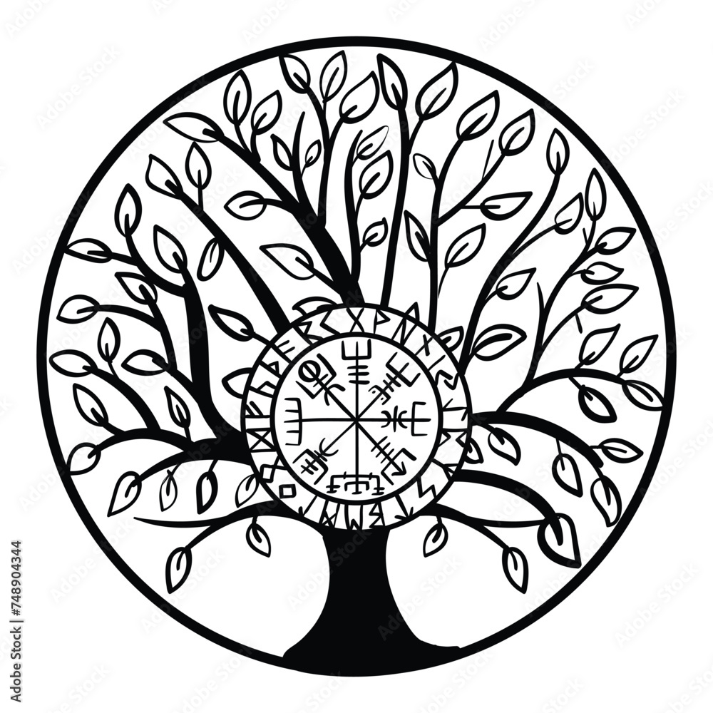 Yggdrasil, the tree of life. Vikings symbol Odin,with futhark runes ...