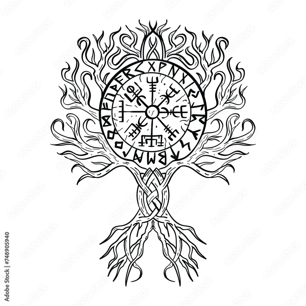 Yggdrasil, the tree of life. Vikings symbol Odin,with futhark runes ...