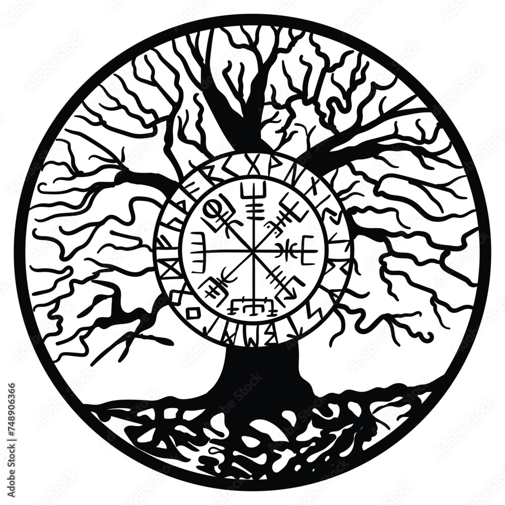 Yggdrasil, the tree of life. Vikings symbol Odin,with futhark runes ...