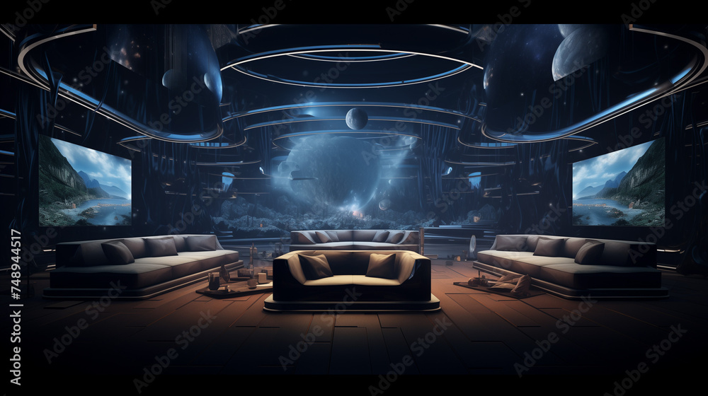 Virtual reality entertainment room with immersive 3D projections ...