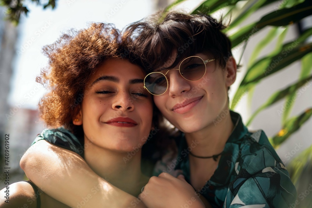 LGBTQ couple from Gen Z sharing a heartfelt hug, embodying authentic ...