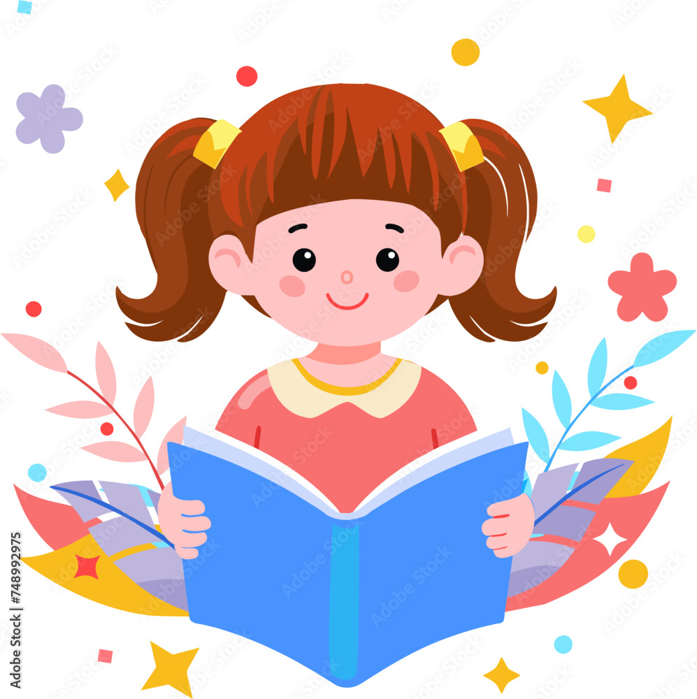 Cute little girl reading open book isolated on white background. School ...