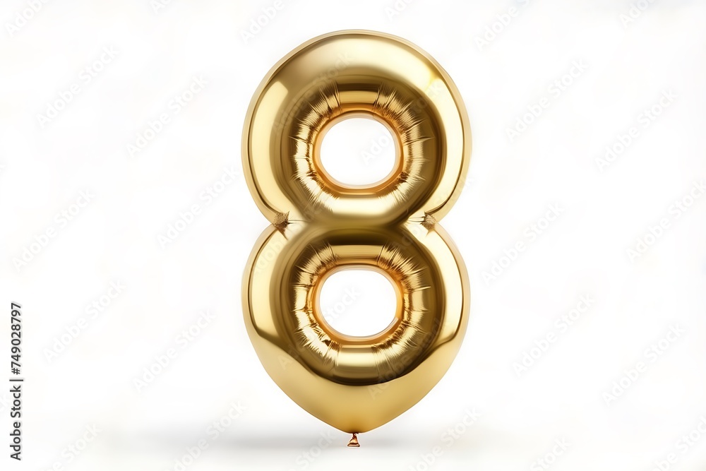 golden balloon shape for number 8 on white background, Golden number ...
