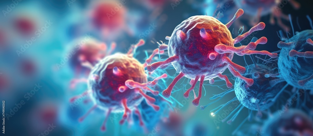 A group of red and blue germs are clustered together on a stark black ...