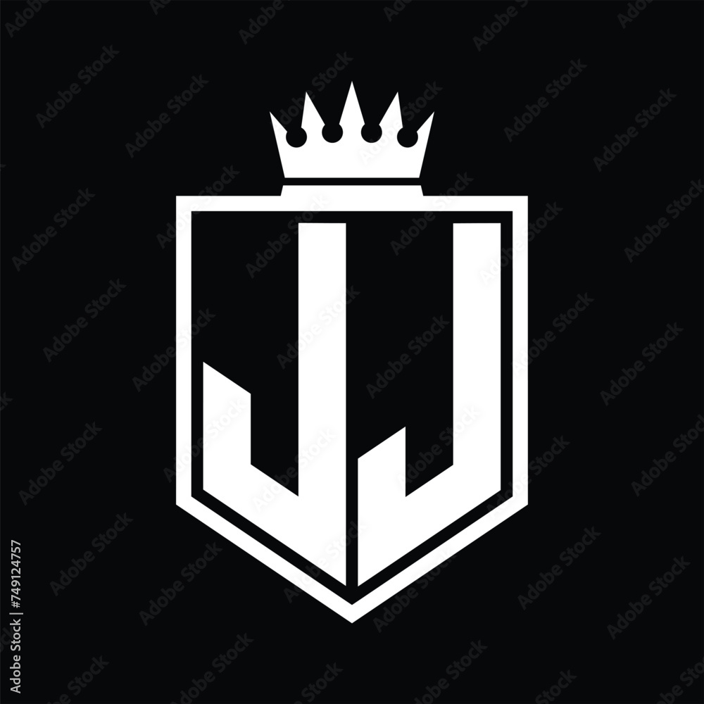 JJ Logo monogram bold shield geometric shape with crown outline black and white style design ...