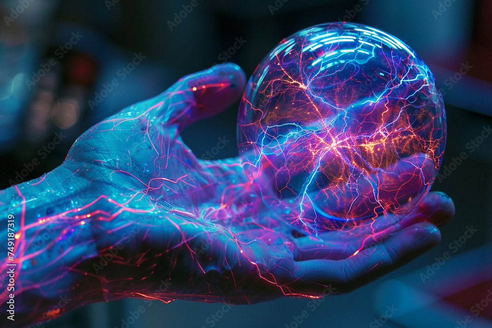 Graphic of a hand, veins glowing with electric hues, clutching a ...