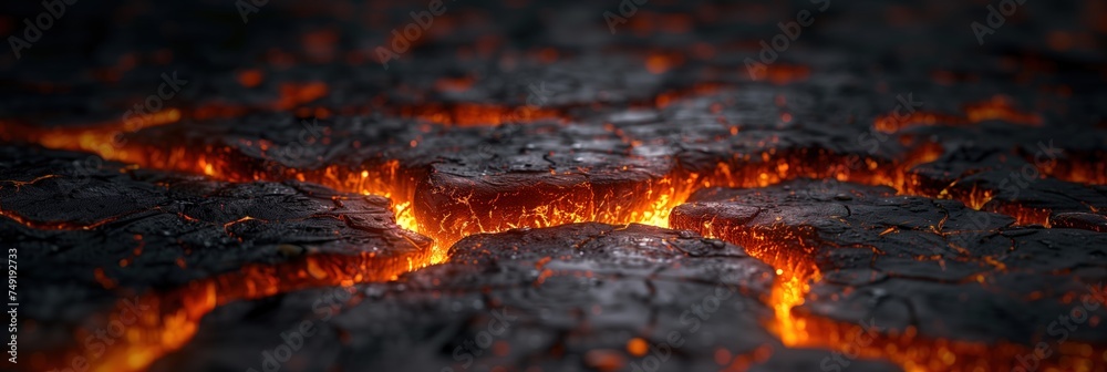 Burning ground close-up. Fire is showing through cracks in the ground ...