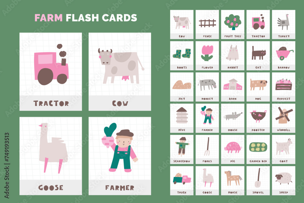 Learn farm animals, objects flashcards set. Learning English words for ...