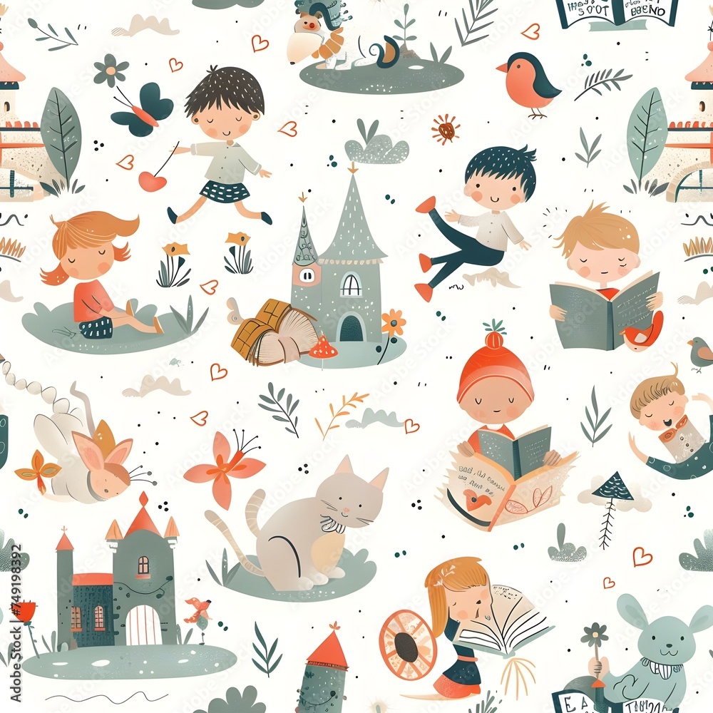 Repeating pattern of kids enjoying books Stock Photo | Adobe Stock