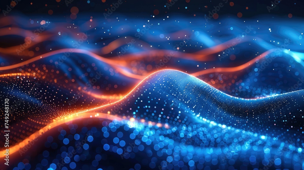 Illustration of the future of data technology with a wave of bright particles. Rendering ...