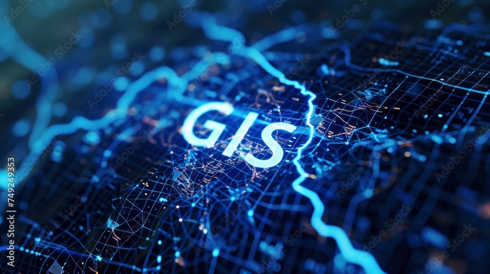 GIS, Geographic information system technology style with text 스톡 사진 ...
