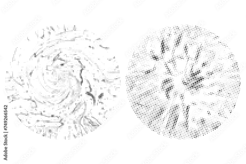 two circles with different shapes and sizes with halftone dots effect ...