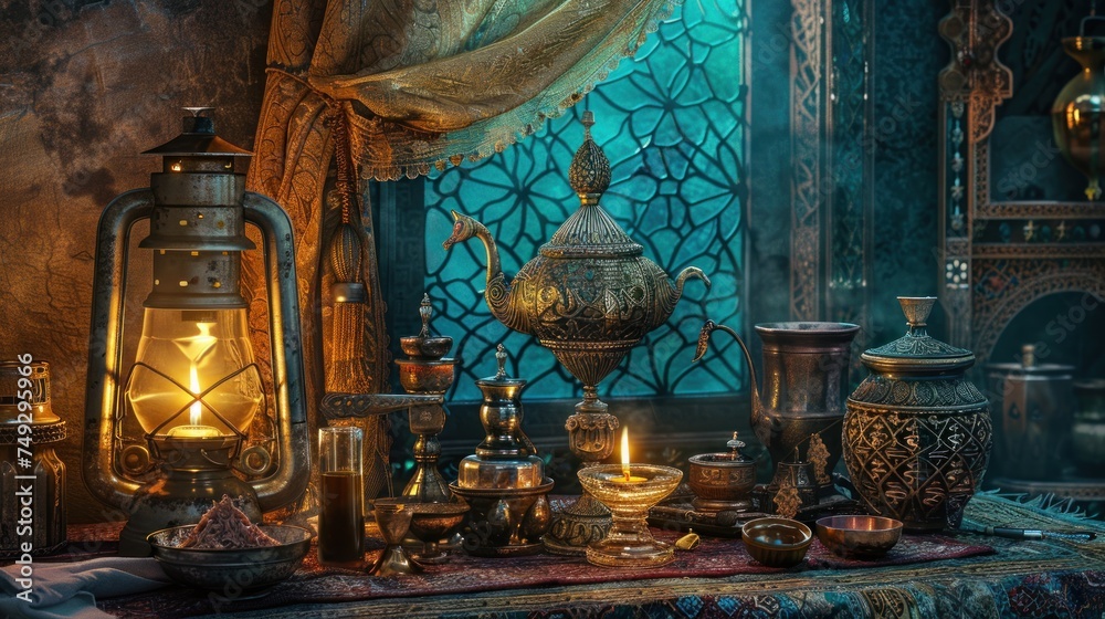 Islamic background, half moon, chand, mosque, lantern Stock ...