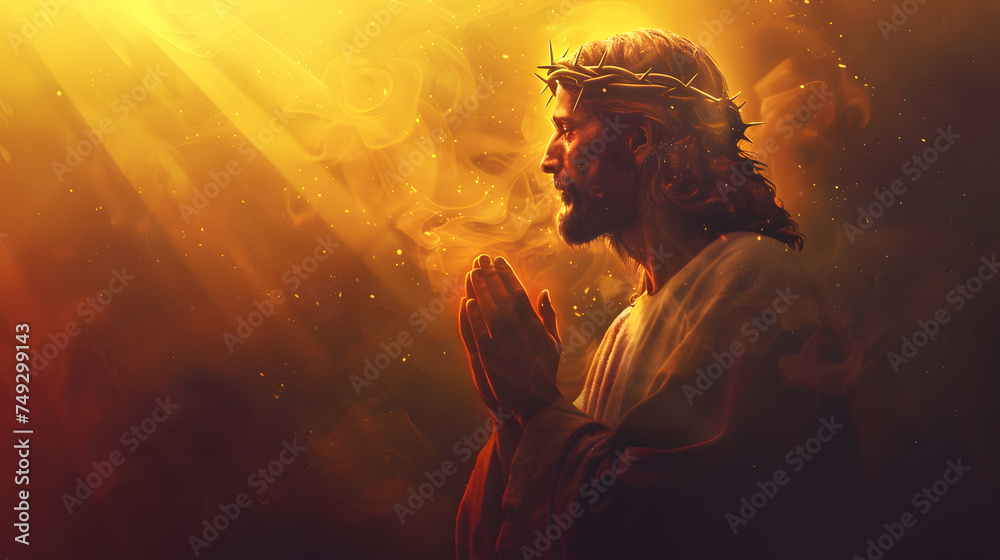 The Jesus Christ prays to the god or worship in the dark and mystery ...