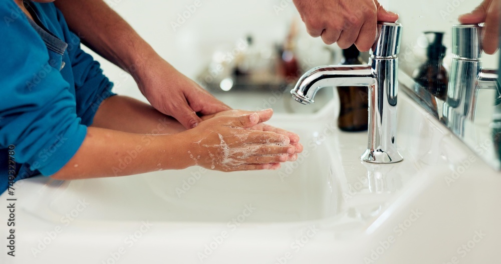 Hands, cleaning and parent helping kid for hygiene and health ...