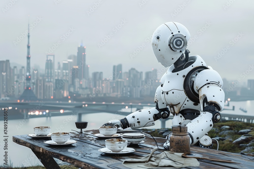 Amidst futuristic urban sprawl a robot of ceramic bearing old world ...