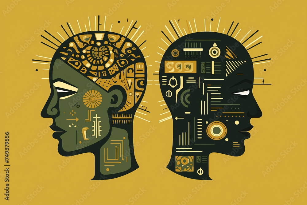 Two faces in profile in olive green and ocher colors. Concept of ...
