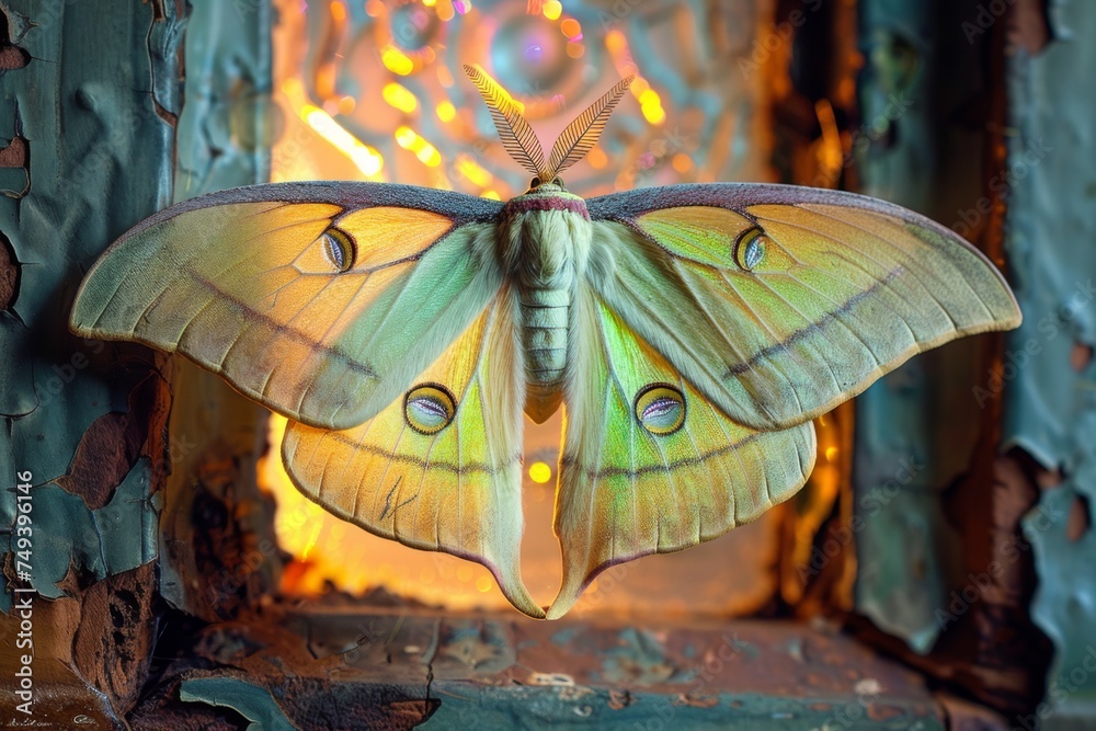 Macro-shot Luna moth in an old tower window, with coins reflecting ...