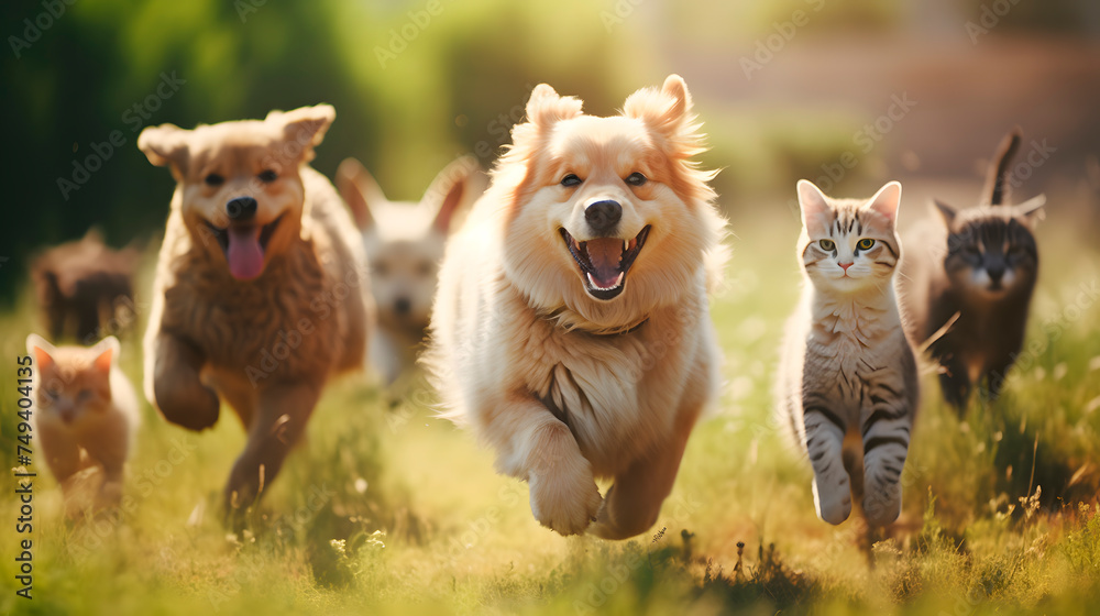 group of very cute dogs and cats walking together, group of cute ...