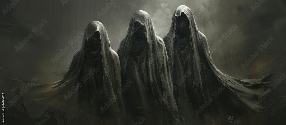 Three ghostly people, shrouded in dark hooded cloaks, stand ominously against the backdrop of a ...