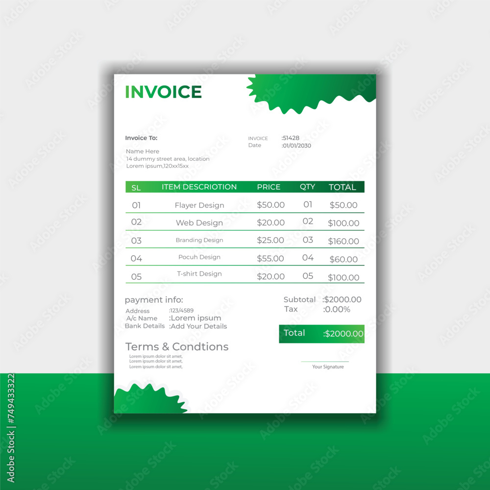 minimal corporate business bill form, price list, cash memy payment ...