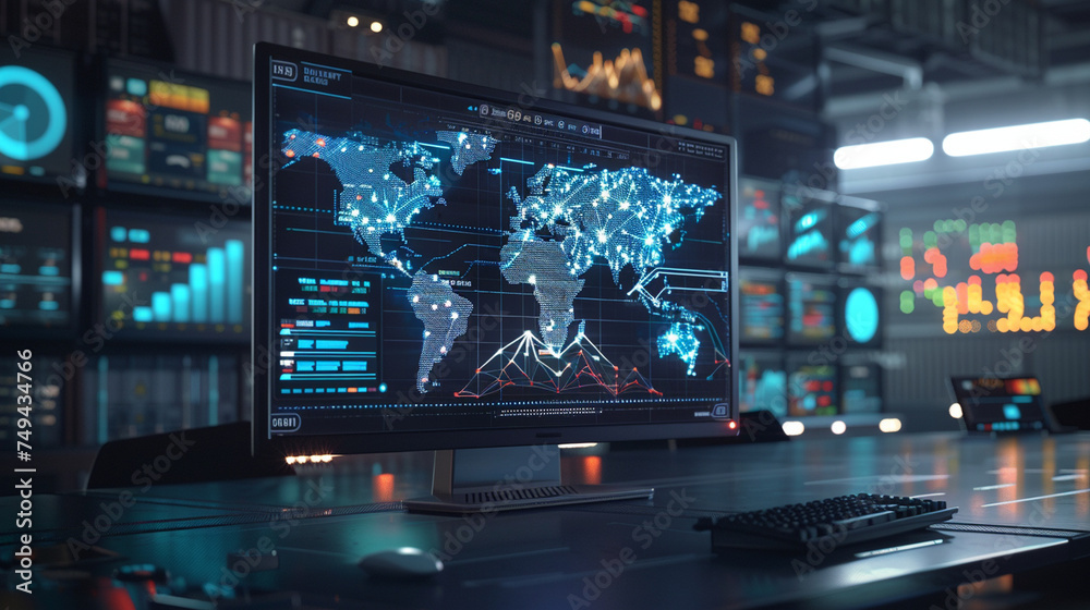 Ilustración de Stock Against the backdrop of a futuristic logistics ...