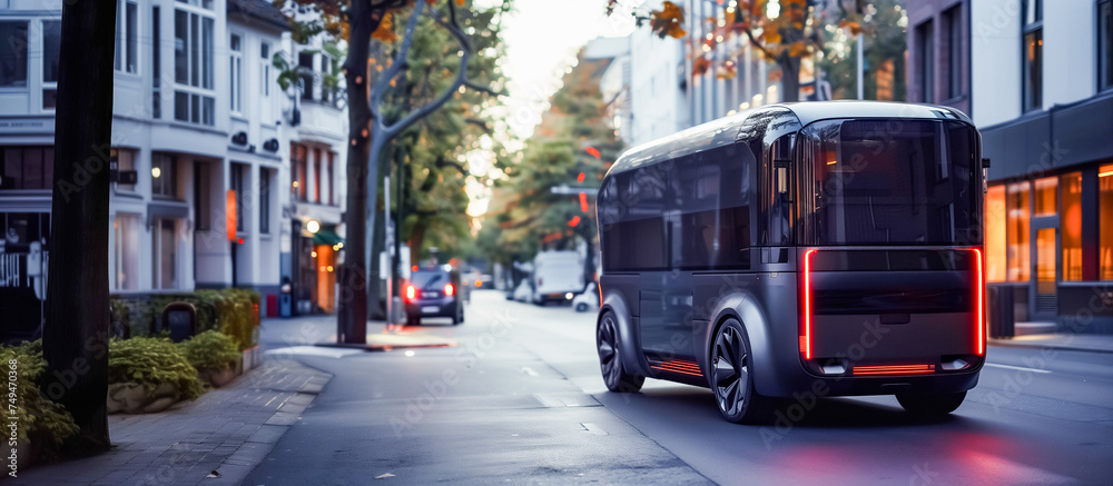 Autonomous electric shuttle bus glides through city streets at dusk ...