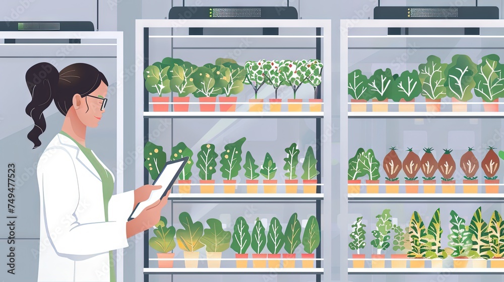 Woman biotechnology research scientist making a checklist in a vertical ...