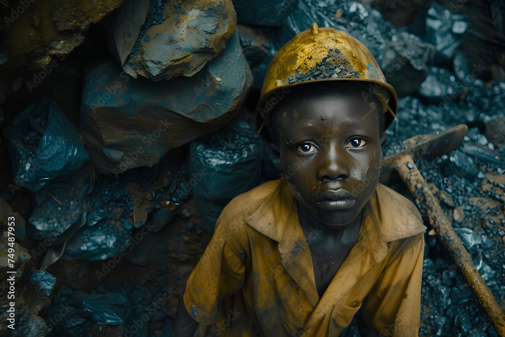 conceptual image African child who suffers working all day in inhumane ...