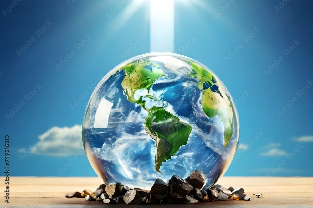 Earth transparent crystal glass globe with continents on daytime nature ...