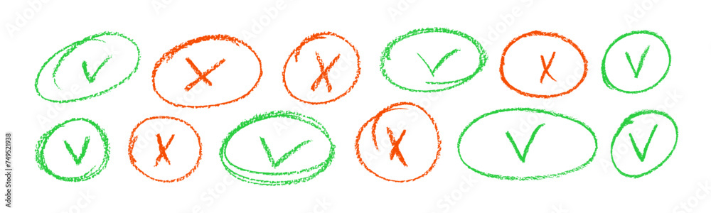 Green check mark and red crosses in ellipses icon set, colored charcoal ...