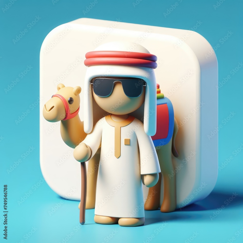 Arab person with a camel in national costume in a static pose and black ...