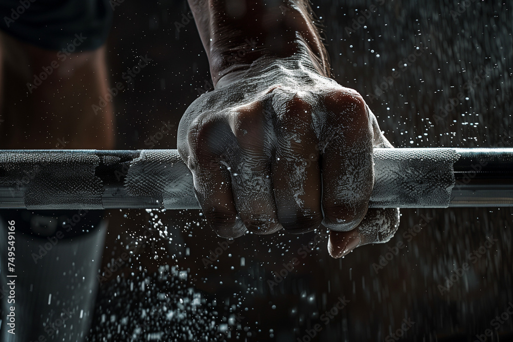 Detailed photo of a weightlifter's hands gripping a barbell, chalk dust ...