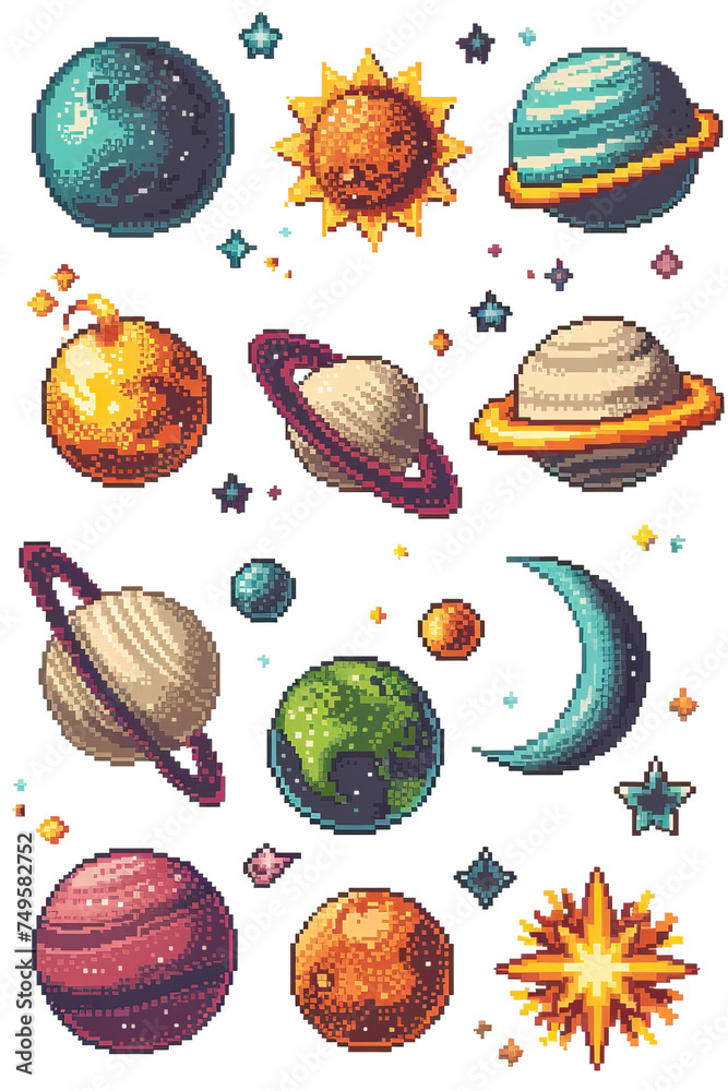 retro vintage pixel art old game graphics set bundle of planets ...