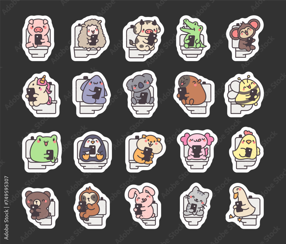 Cute animal pooping on toilet with phone. Sticker Bookmark. Funny ...