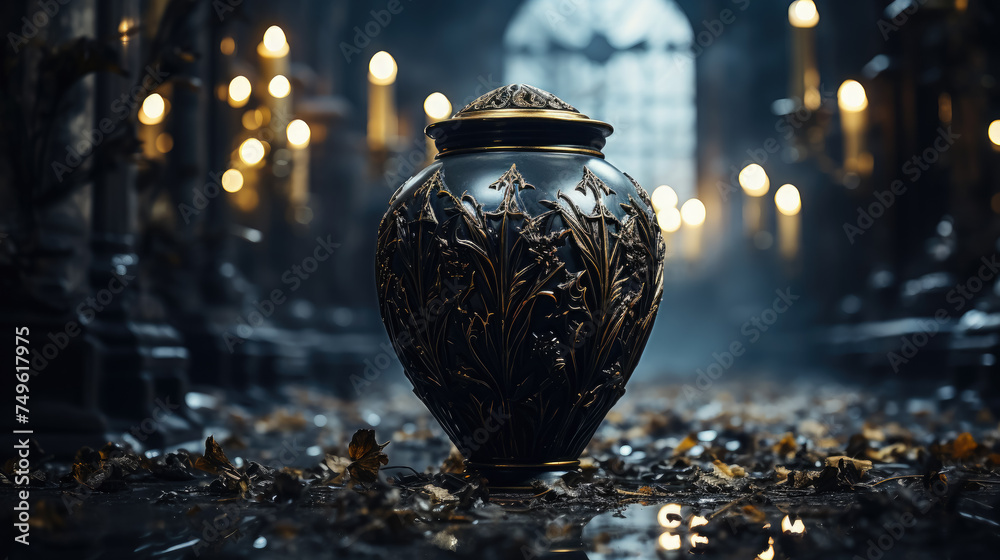urn with ashes on the background of a crypt, temple, funeral, death ...