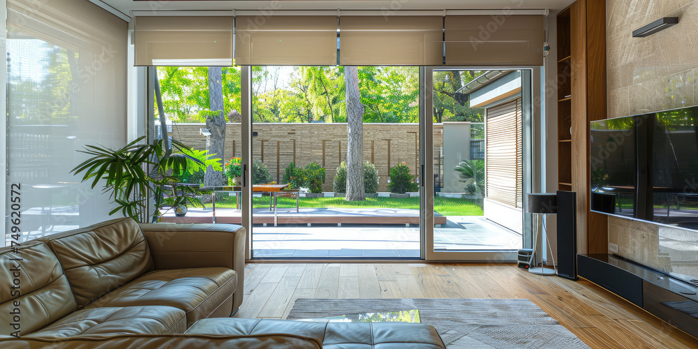 Modern sliding doors with panoramic glass windows opening in the ...