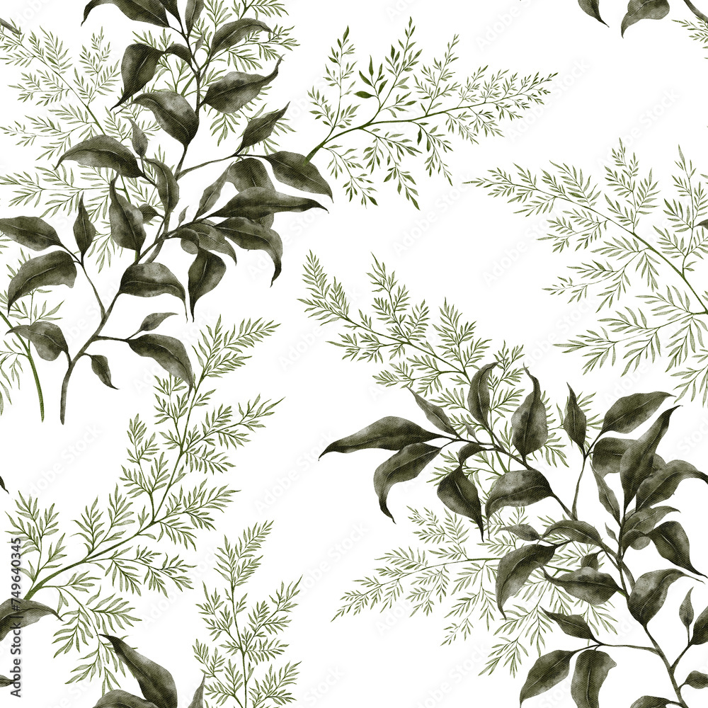 Seamless pattern with watercolor hand draw sage, green leaves, branch ...