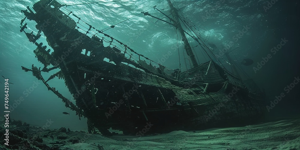 Shipwreck underneath the sea at the bottom of the ocean floor - sunken ...
