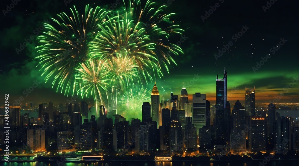 Beautiful green fireworks display on bright busy city skyline ...