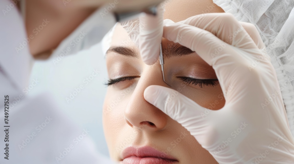 Cosmetic surgery, beauty, Surgeon or beautician touching woman face ...