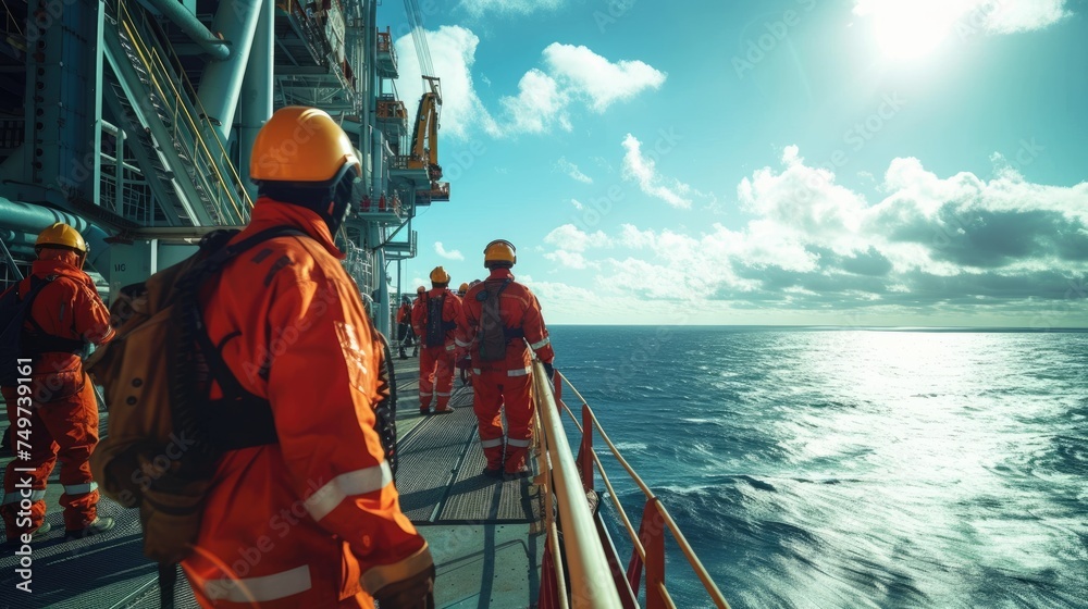 Oil workers, wearing helmets and personal protective equipment, stand ...