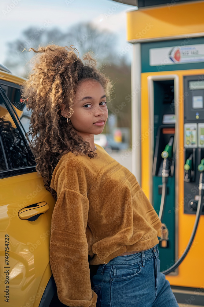 Teenage girl at a gas station, filling the fuel tank of her fuel ...