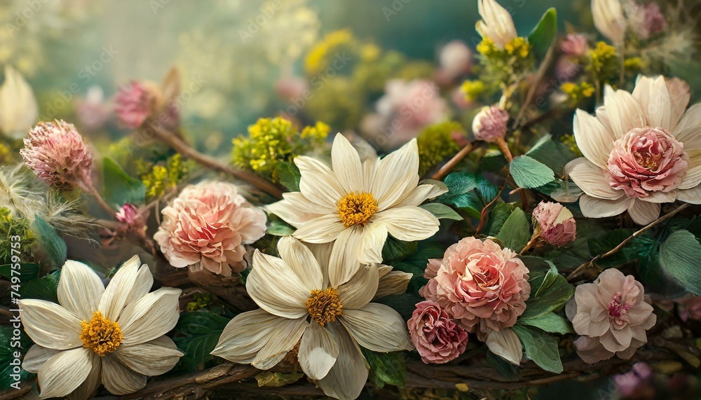 Artificial Flowers Wall for Background in vintage style, Ai Generate ...