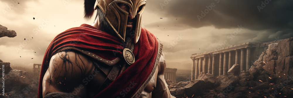 Spartan or Roman legionary wearing a helmet with a red cape. ancient ...